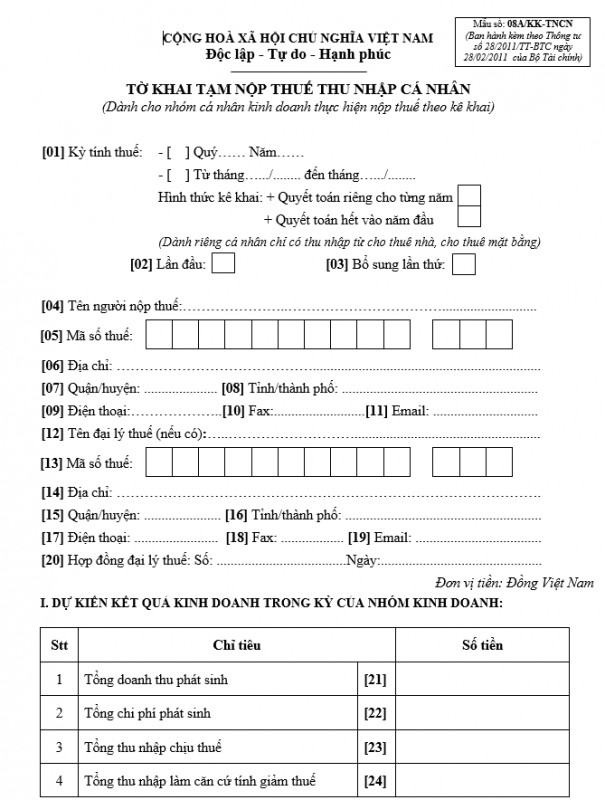 Mẫu số 08A/KK-TNCN : Tờ khai tạm nộp thuế TNCN dành cho nhóm cá nhân kinh doanh thực hiện nộp ...